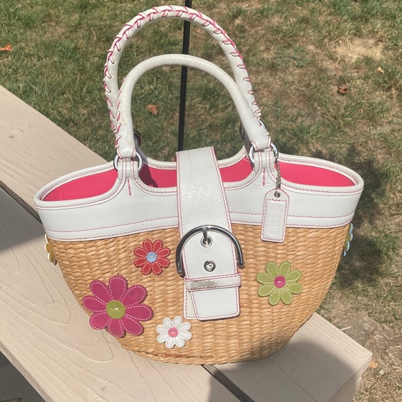 Bags | Coach Straw Bag Rare 4443 Straw Tote Bag With White And Pink ...